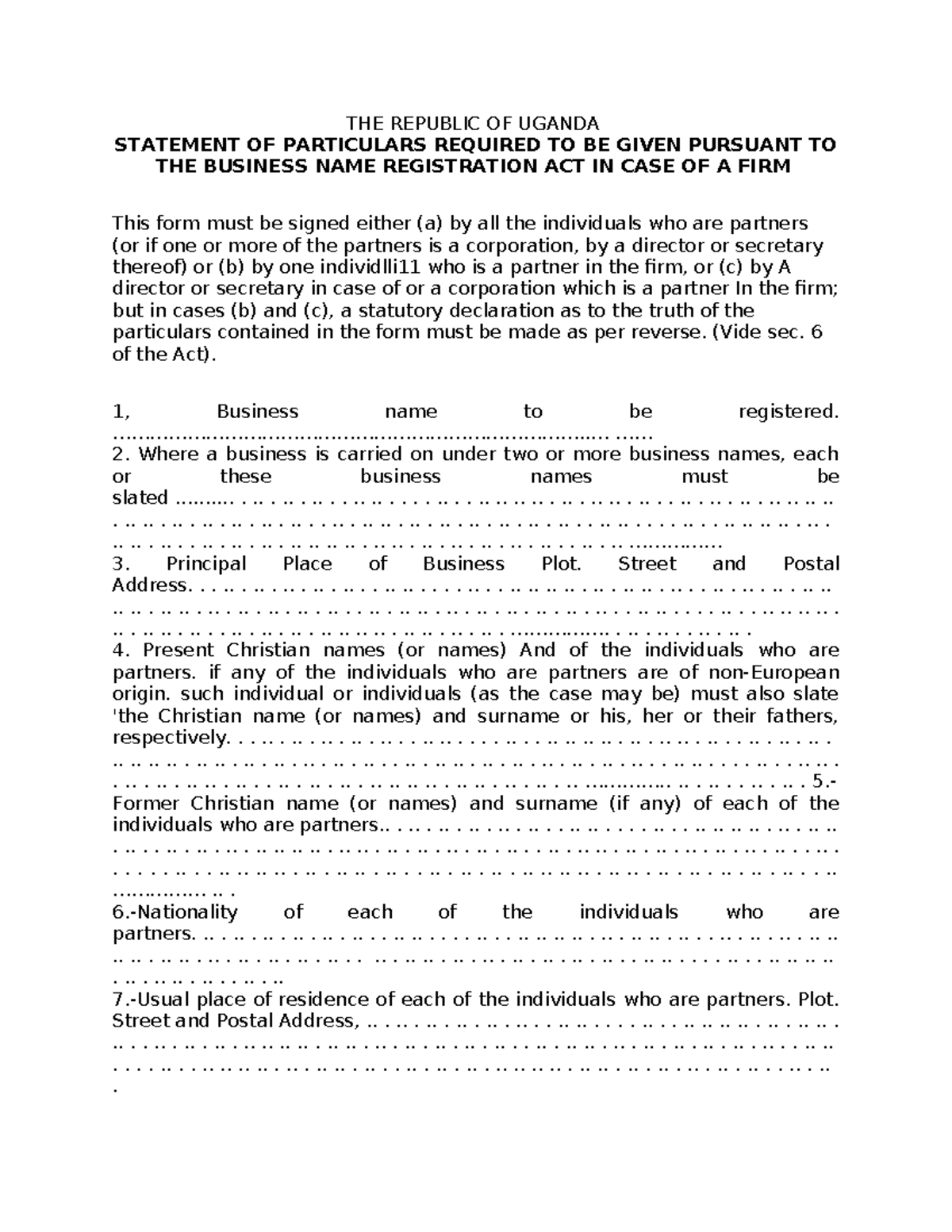 Firm Name Registration Form - THE REPUBLIC OF UGANDA STATEMENT OF ...