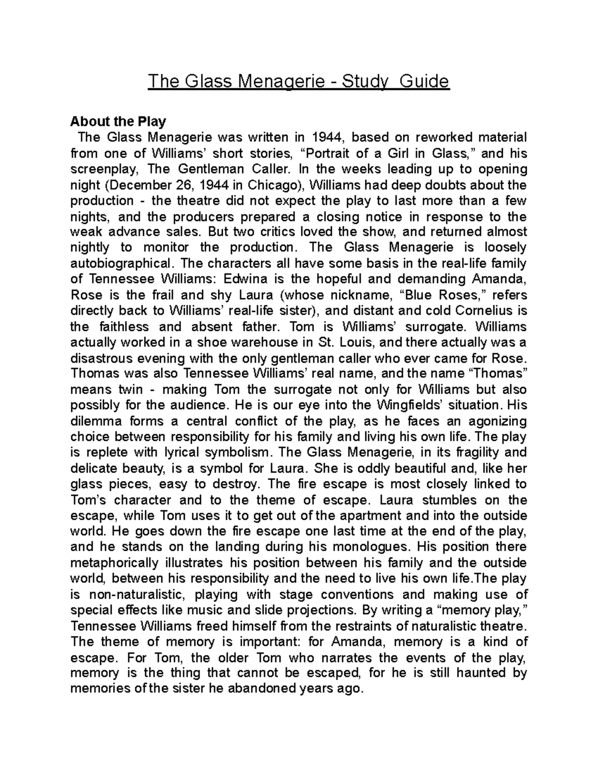 The Glass Menagerie Full study Guide - The Glass Menagerie - Study ...