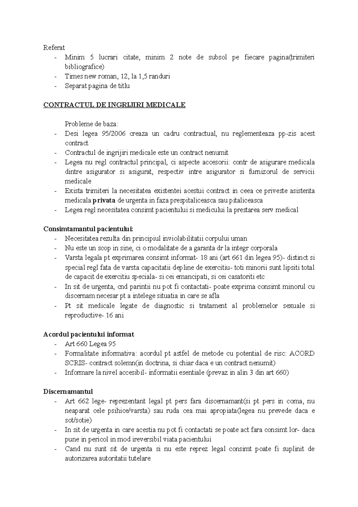 Curs 5- Drept Medical - Referat - Minim 5 lucrari citate, minim 2 note ...