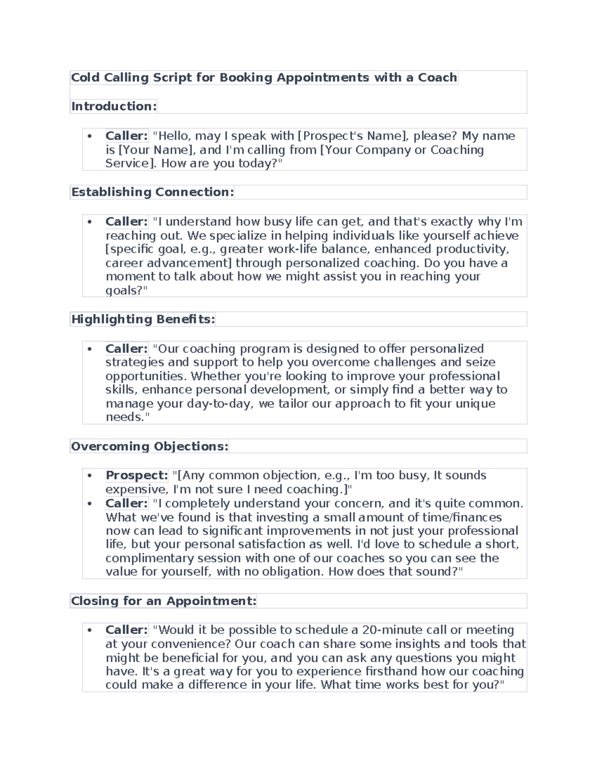 Cold Calling Script for Booking Appointments with a Coach - Cold ...