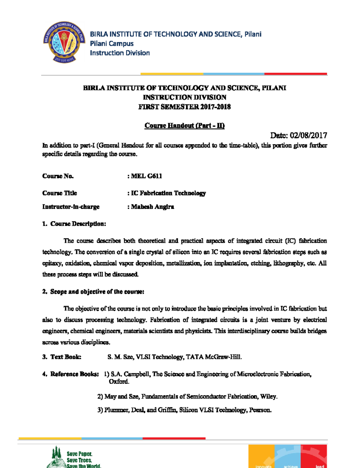 Ic fab - Course structure - IC Fabrication Technology - Studocu
