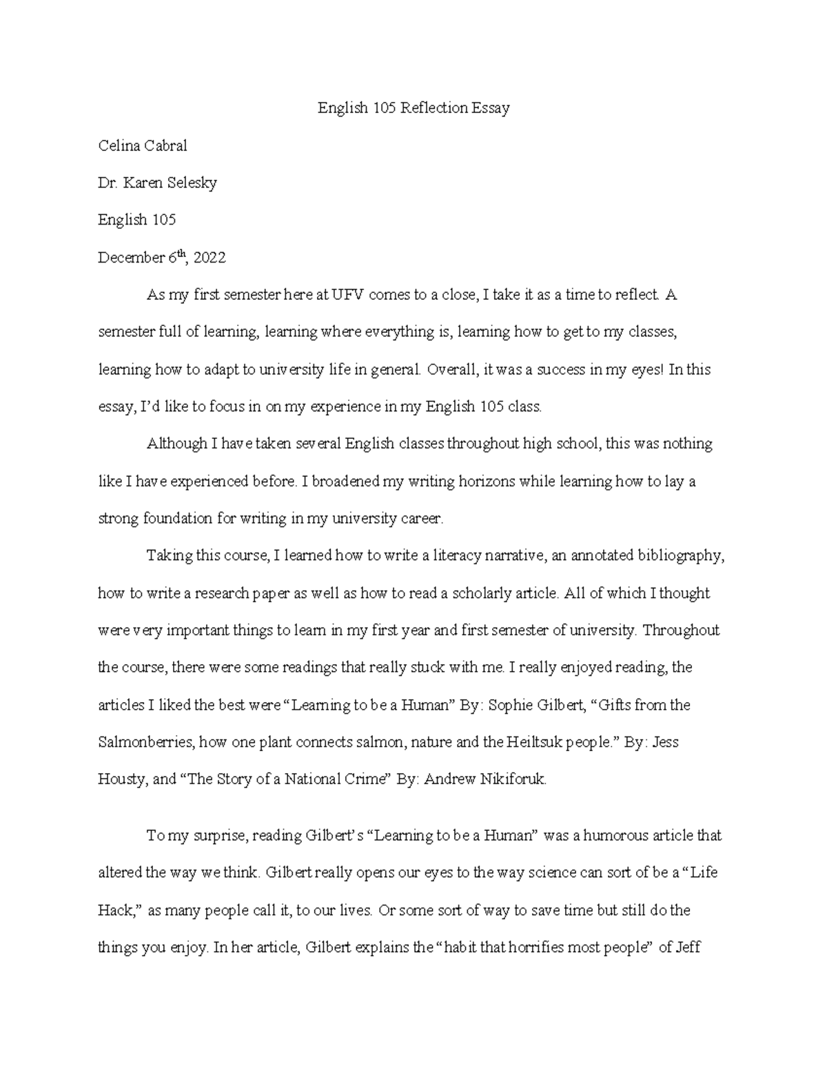 English 105 Reflection Essay - English 105 Reflection Essay Celina ...
