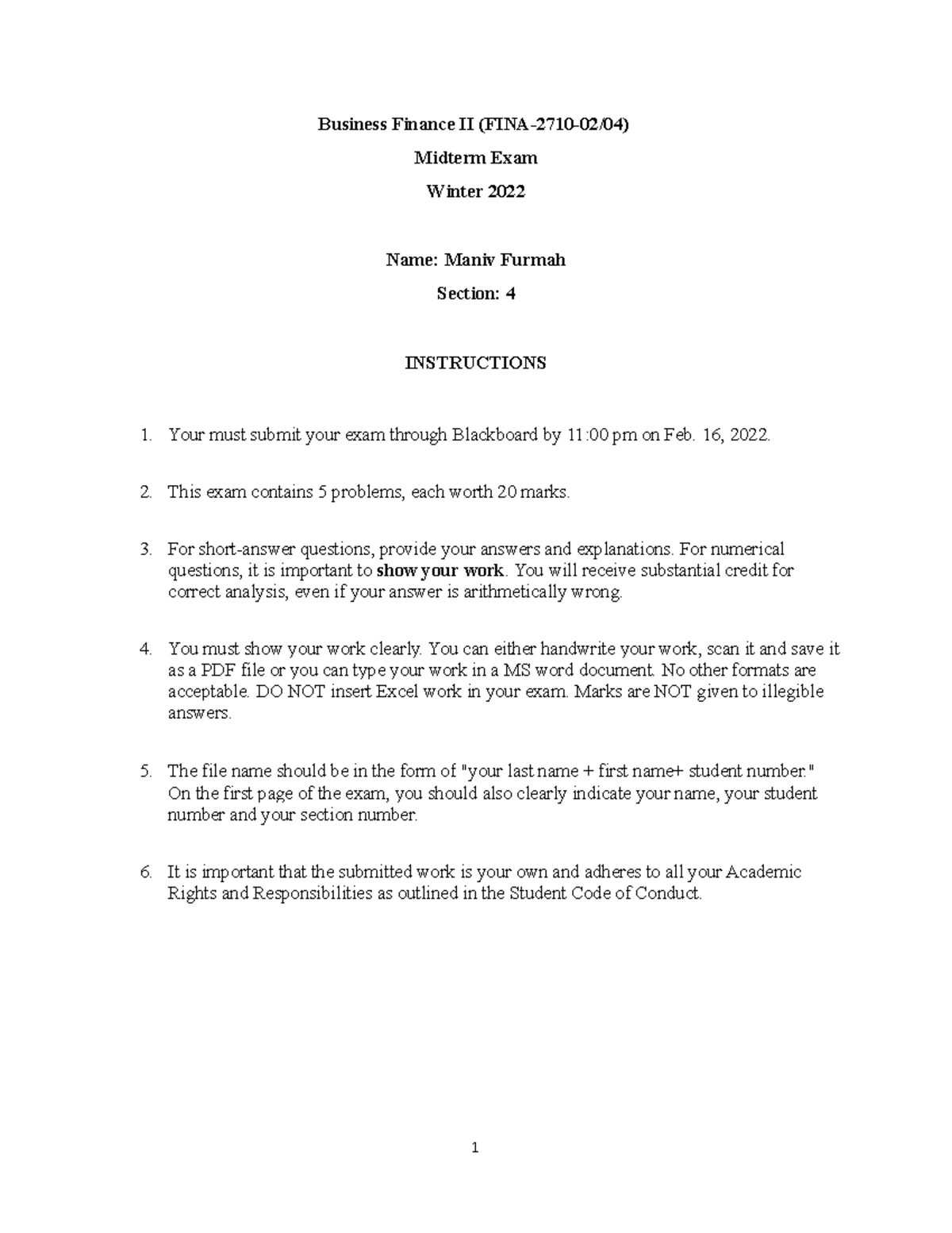 Midterm Exam2022W - Business Finance II (FINA-2710-02/04) Midterm Exam ...