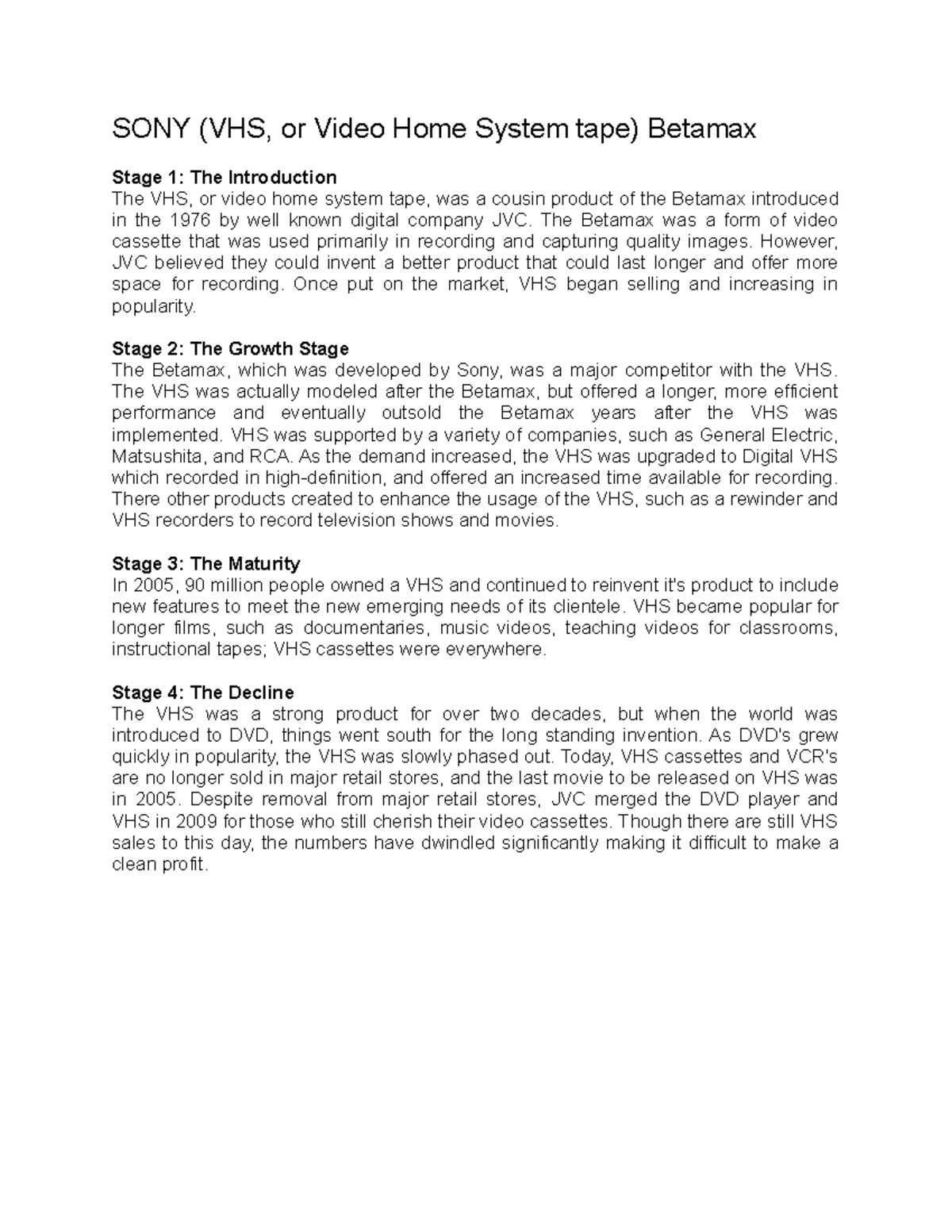 Product life cycle - SONY (VHS, or Video Home System tape) Betamax ...