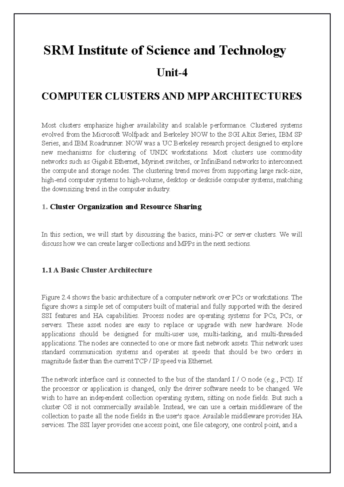 Computer Clusters AND MPP Architectures - SRM Institute of Science and Technology Unit- COMPUTER ...