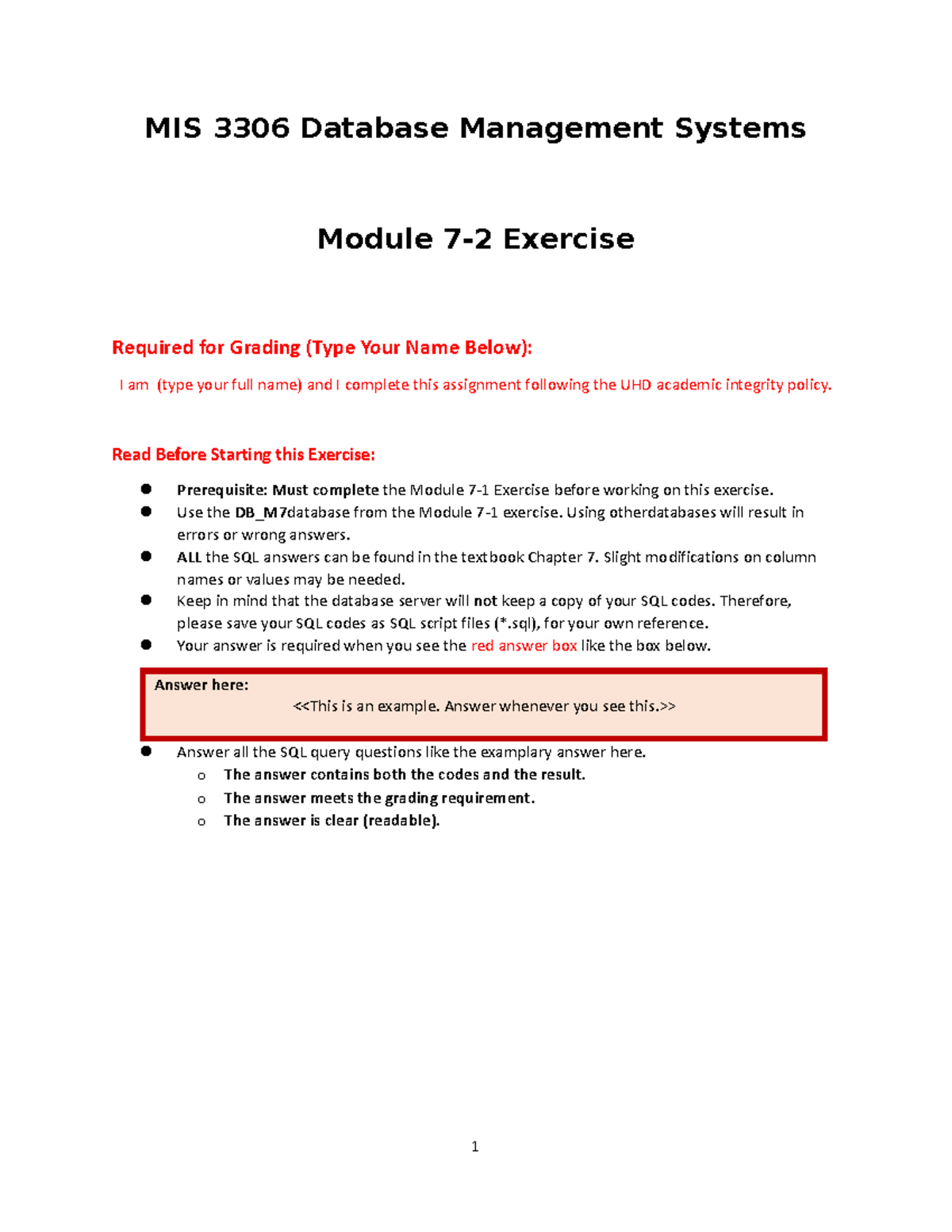 MIS3306Module 7-2Exercise 1 - MIS 3306 Database Management Systems ...