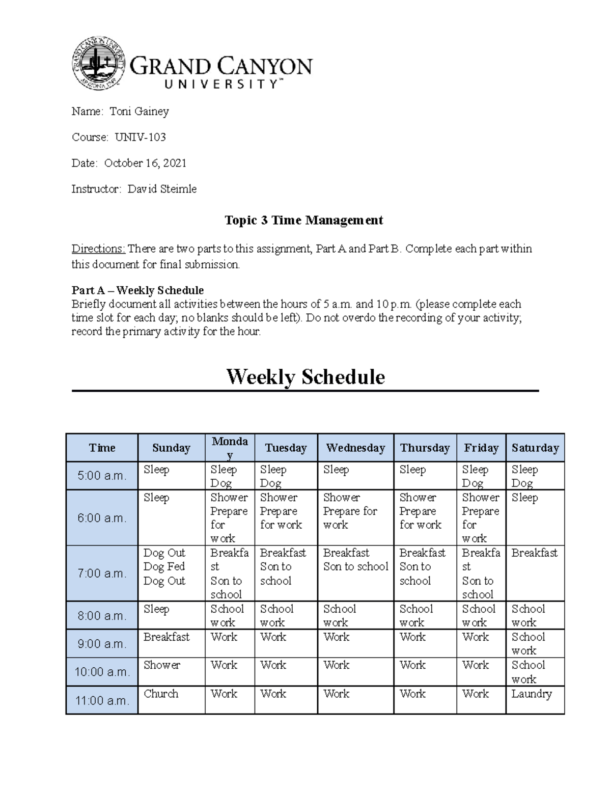 UNV103 T3 Time Management - 101 - GCU - Studocu