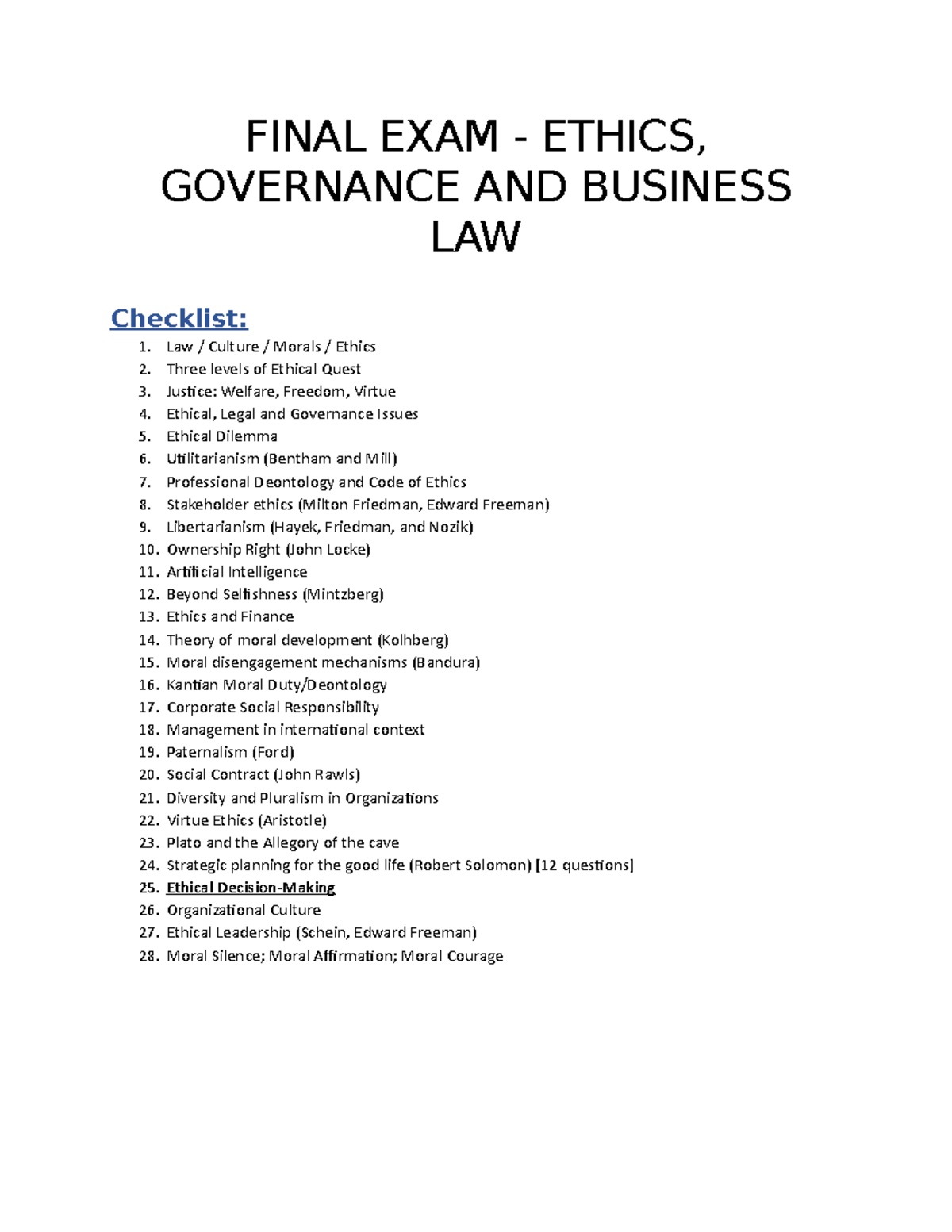 Ethics - Fiche Examen Final - FINAL EXAM - ETHICS, GOVERNANCE AND ...