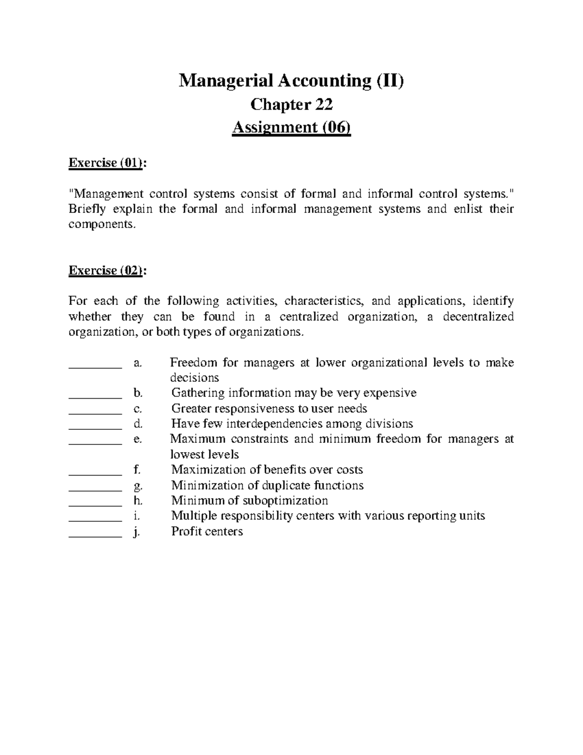 Assignment (06) - Managerial Accounting (II) Chapter 22 Assignment (06 ...