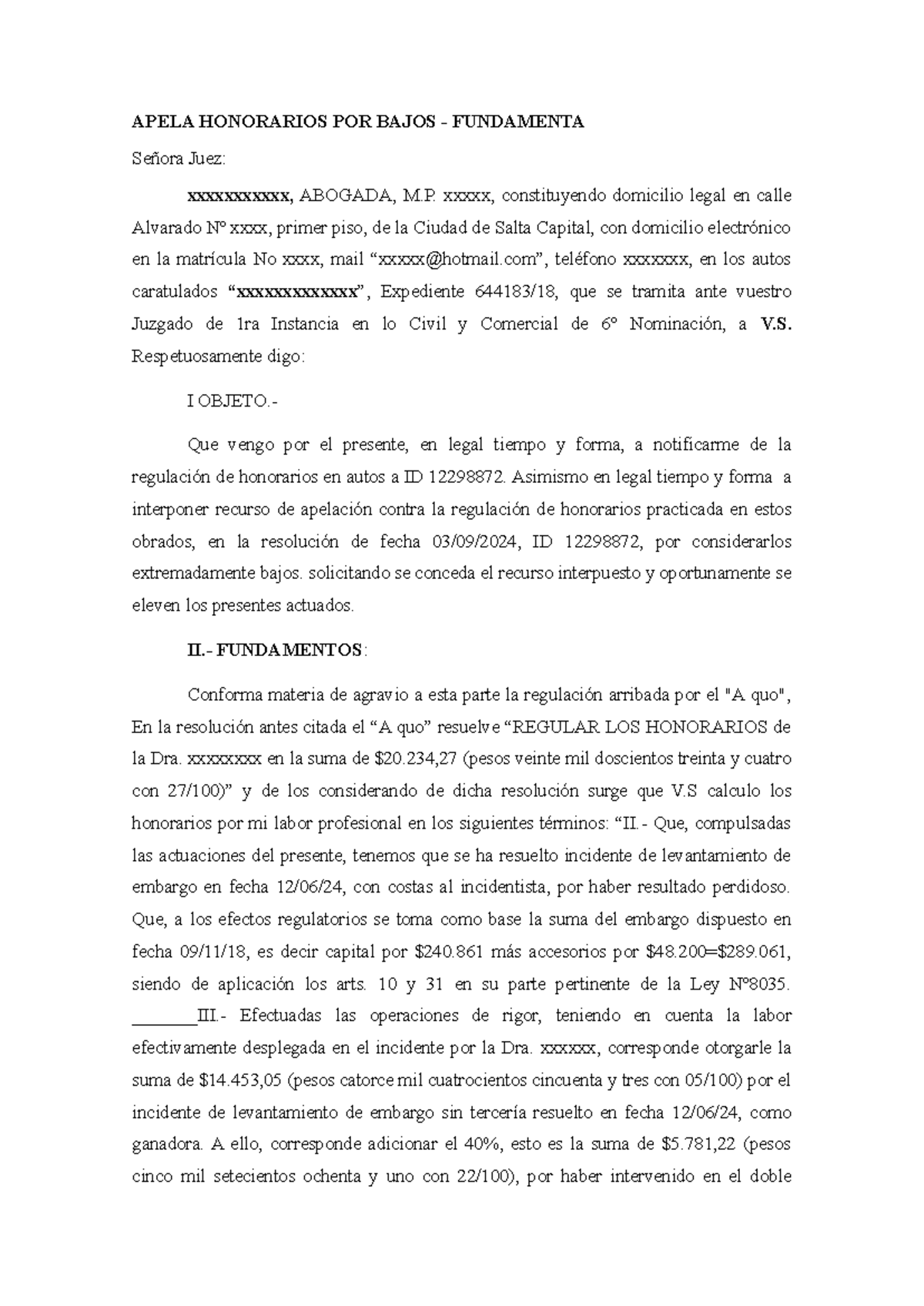 Modelo Apela Honorarios POR Bajos - APELA HONORARIOS POR BAJOS ...