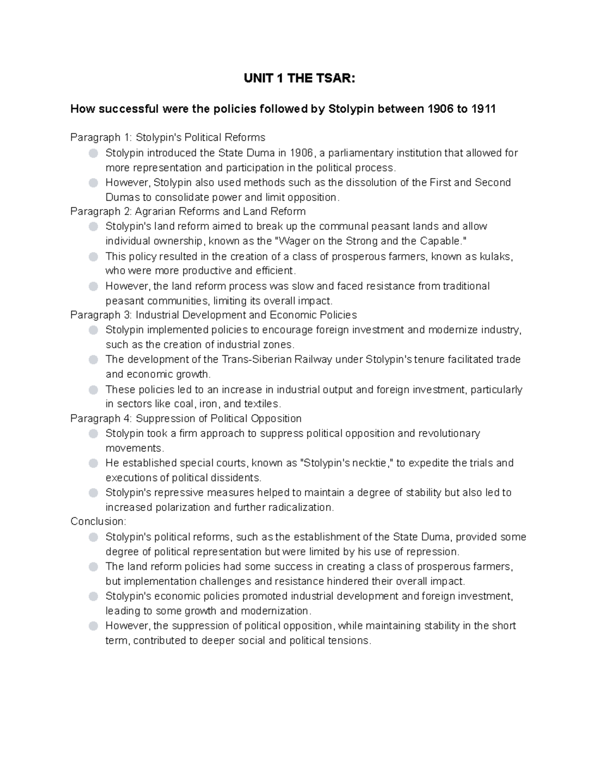 Russiaiaiaiaiiaia - A level Russia practice essays - UNIT 1 THE TSAR ...