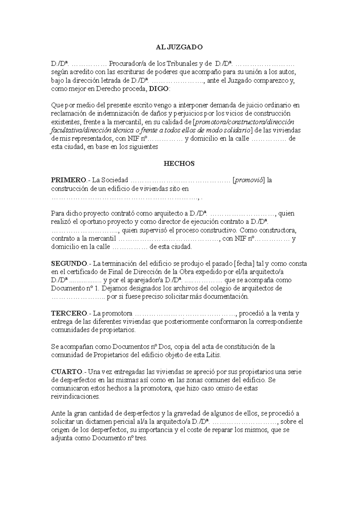 Demanda Vicios Ocultos Construccion - AL JUZGADO D./Dª ...