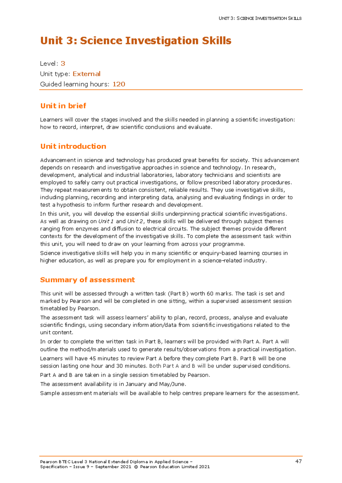 Unit 3 Specification 1 - UNIT 3 APPLIED SCIENCE - Pearson BTEC Level 3 ...