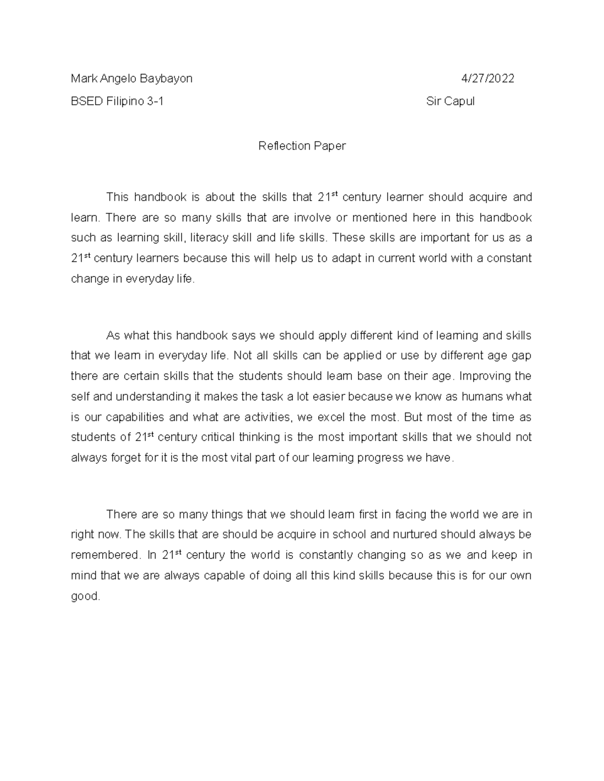 Mark Angelo Baybayon-Reflective journal - Mark Angelo Baybayon 4/27 ...