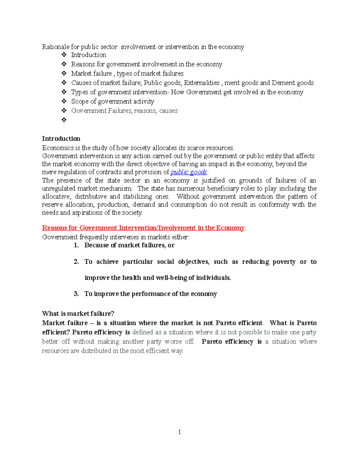 Government involvement or intervention in the economy - Rationale for public sector involvement ...