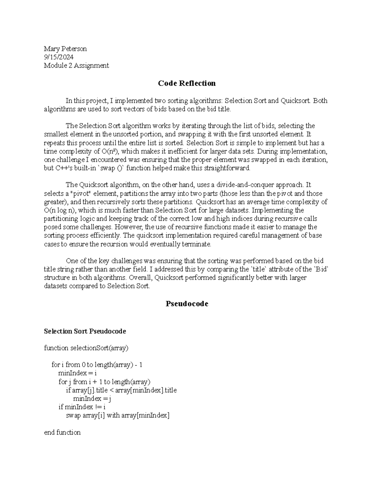 Module 2 Assignment - Reflection and Pseudocode - Mary Peterson 9/15/ Module 2 Assignment Code ...