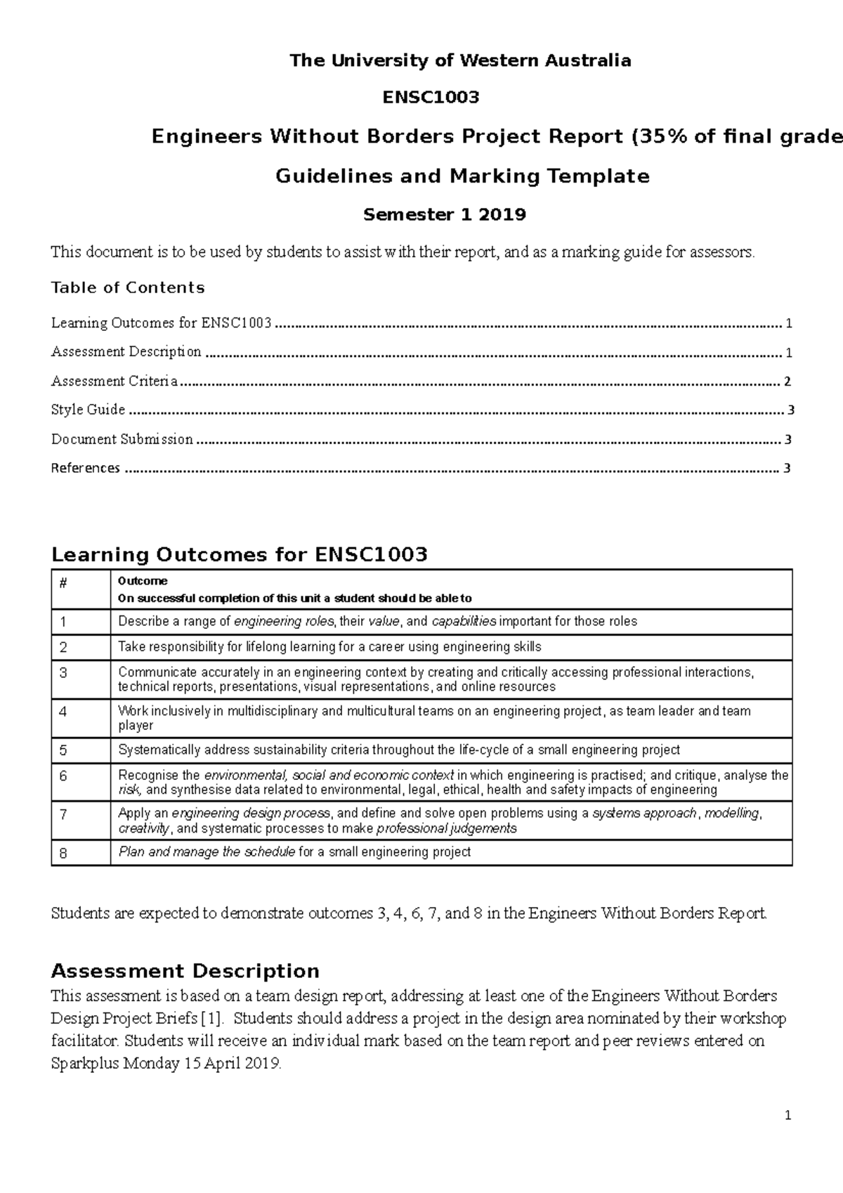 ENSC1003 Marking Template for EWB Report 2019 Semester 1 - The ...