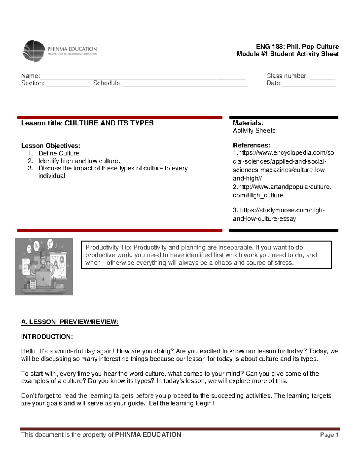 SAS#1 ENG 188 - lecture notes of pop culture - Module #1 Student ...