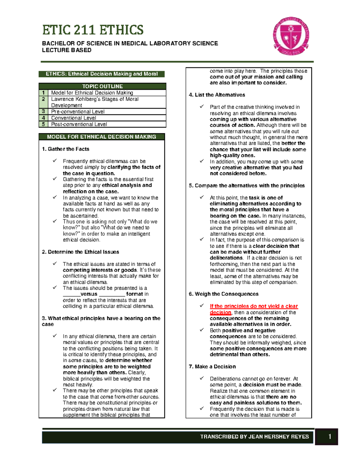 Lesson 5 Ethnical Decision Making and Moral - ETIC 211 ETHICS BACHELOR ...