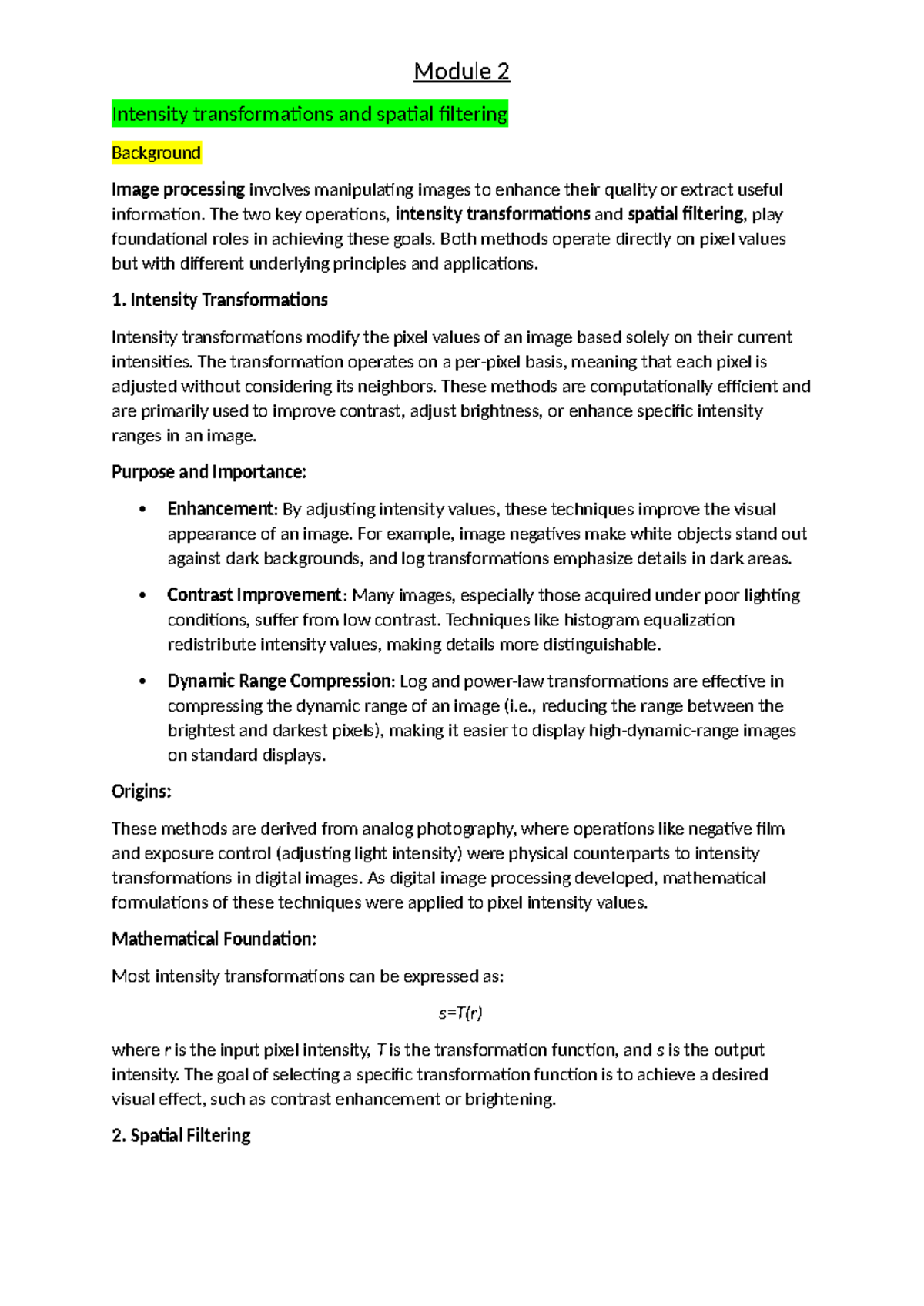 Module 2 - IVP - Nill - Module 2 Intensity transformations and spatial filtering Background ...