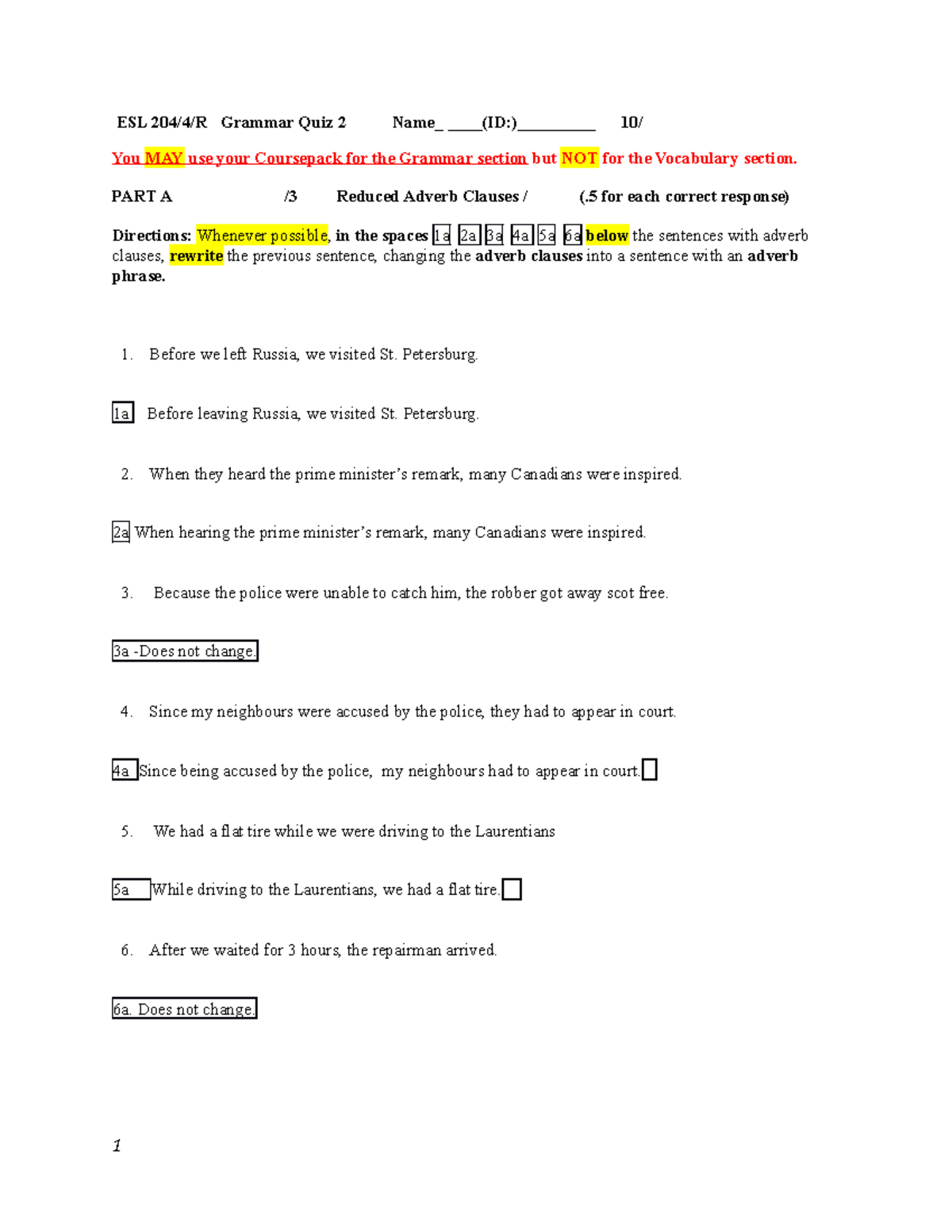 ESL204 grammar Vocab quiz#2 3-31-21 - ESL 204/4/R Grammar Quiz 2 Name ...