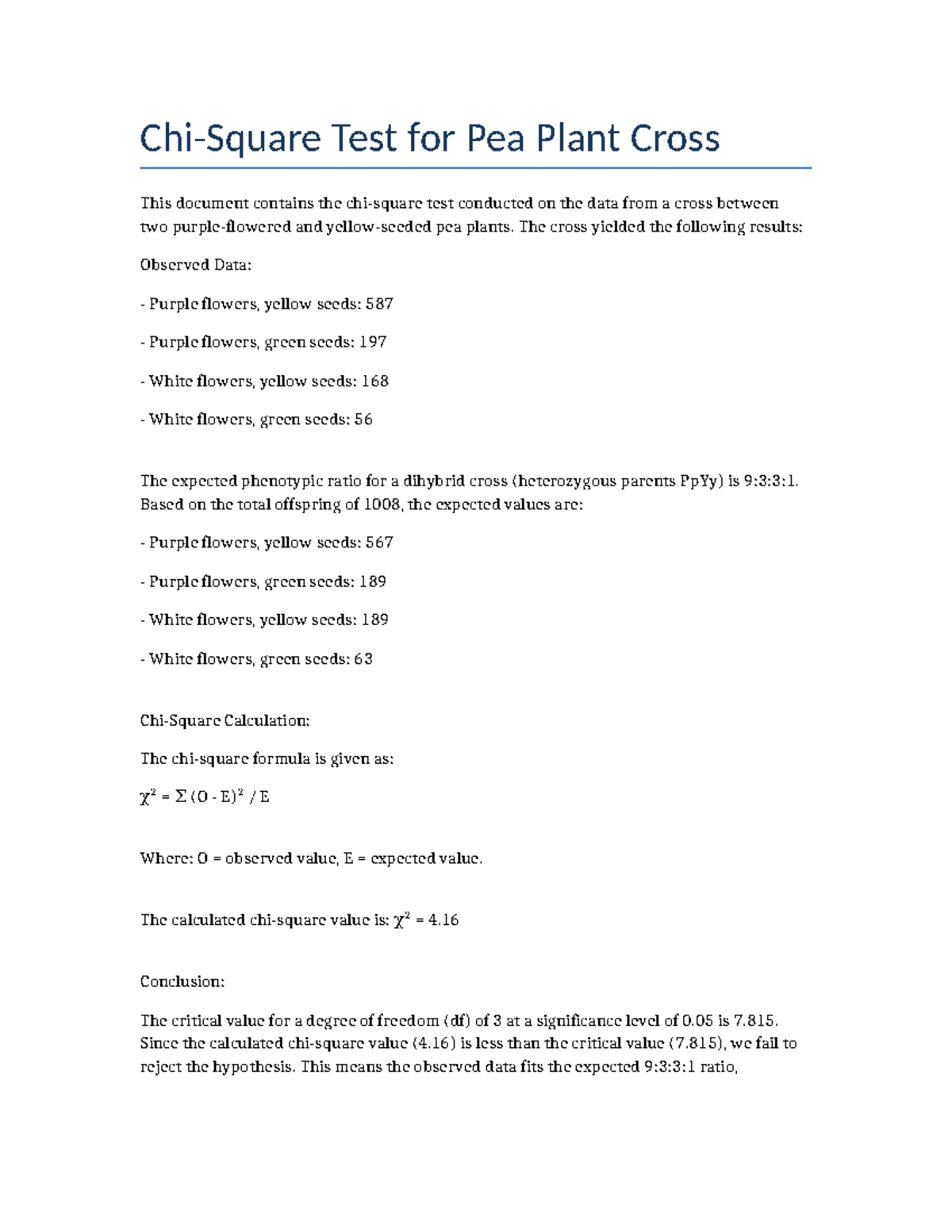 Chi Square Test Pea Plants - Chi-Square Test for Pea Plant Cross This ...