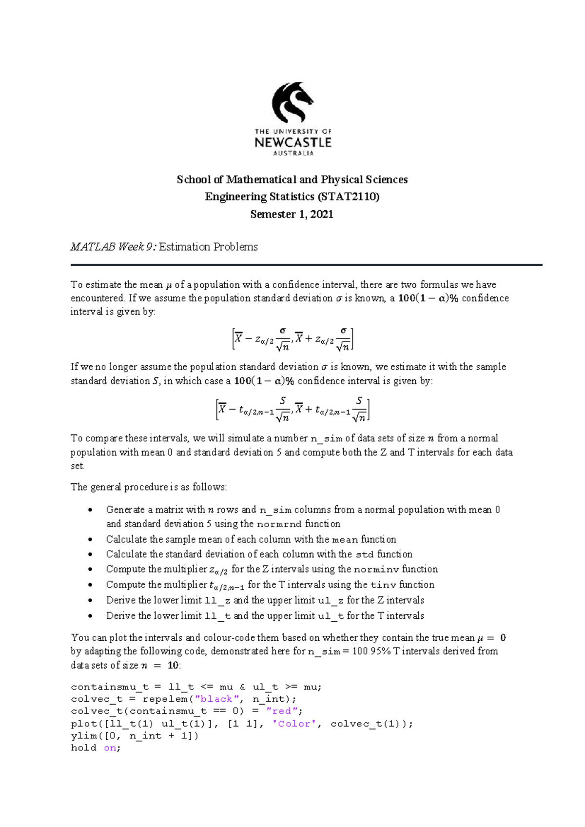 Week 9 Matlab Solutions - School of Mathematical and Physical Sciences Engineering Statistics ...