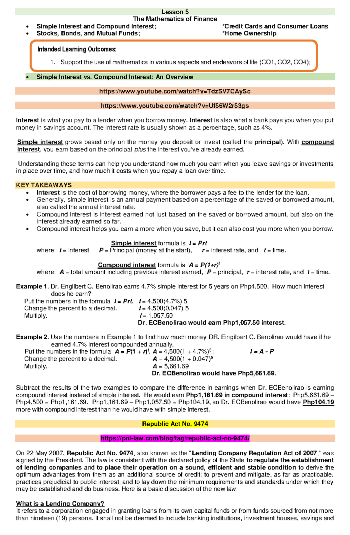 5 Lesson 5 Finance notes Final TERM GEC MATH Modern World - Lesson 5 ...