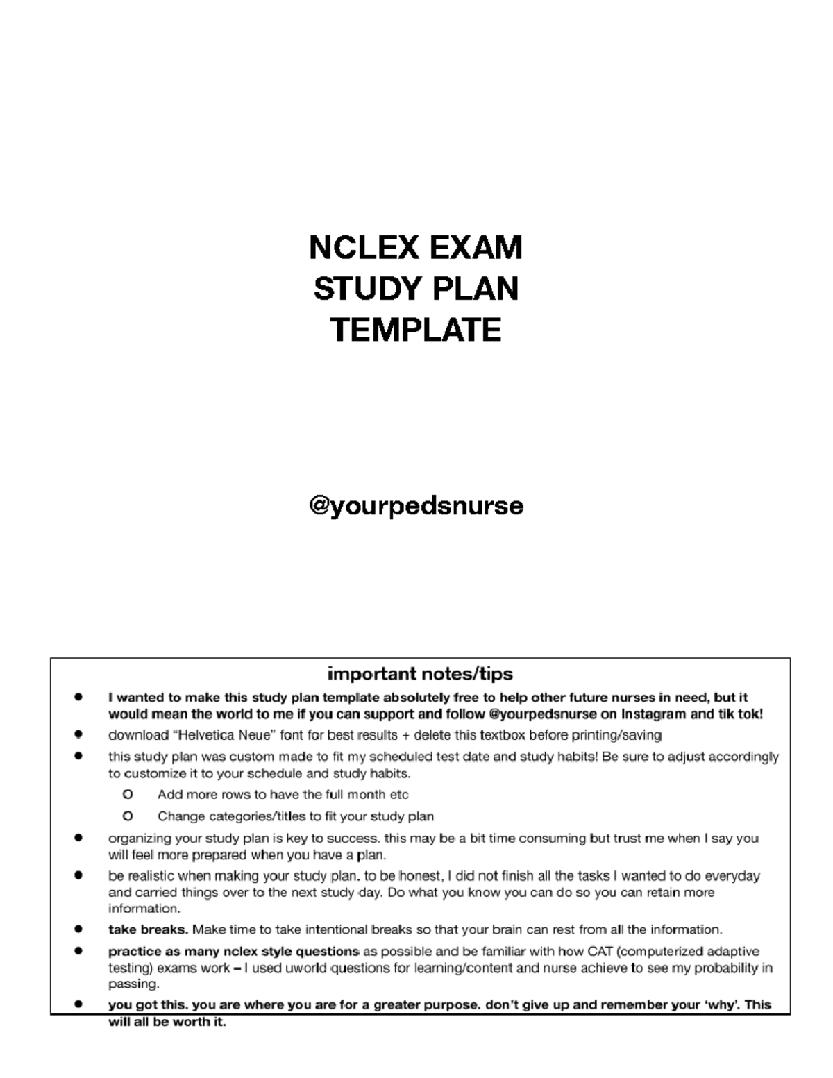 plan template outline - NCLEX EXAM STUDY PLAN TEMPLATE @yourpedsnurse a ...