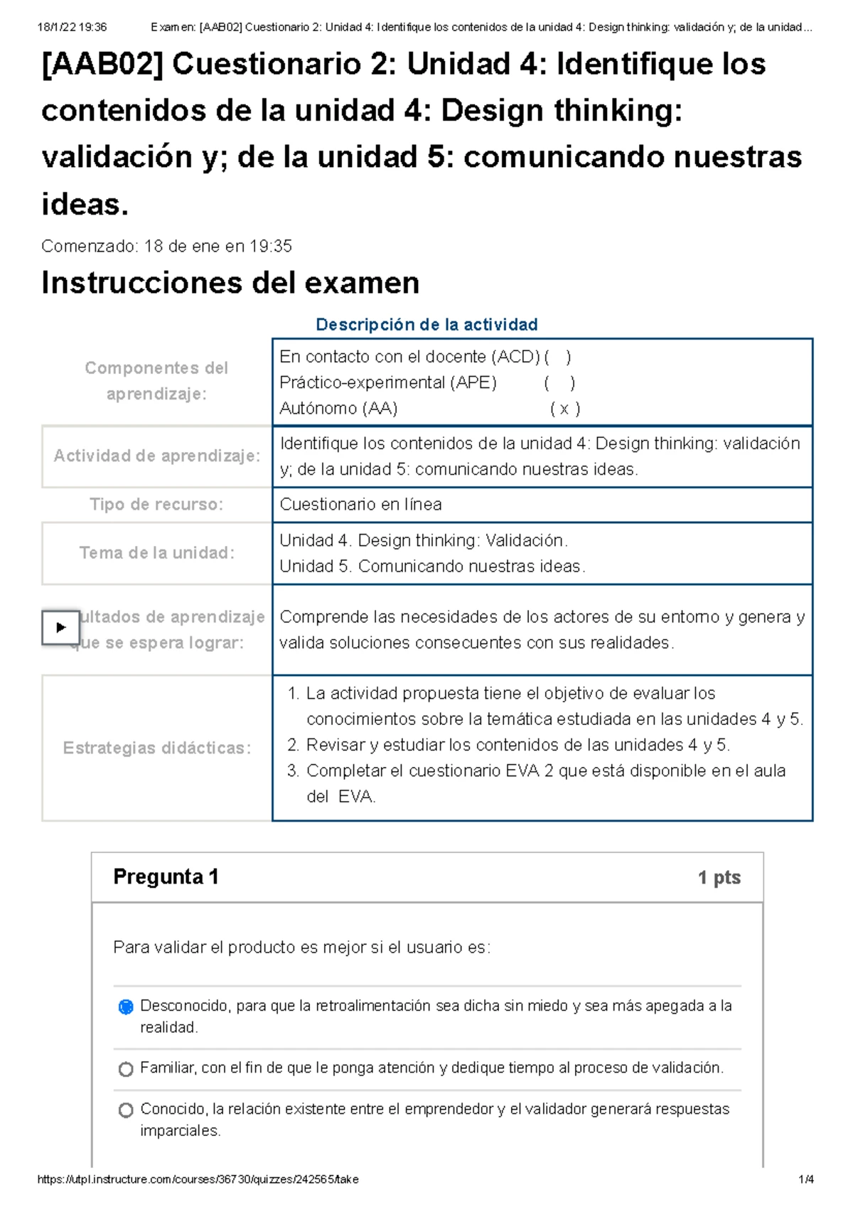 Examen [AAB02] Cuestionario Revise los temas de la unidad 3. Design thinking prototipar, unidad ...