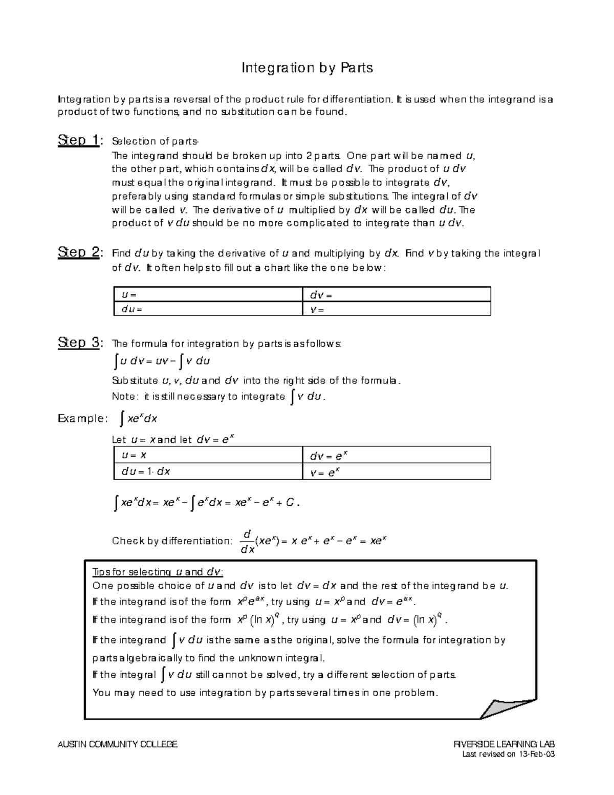 Integration by Parts - Practice materials for general math - AUSTIN COMMUNITY COLLEGE RIVERSIDE ...