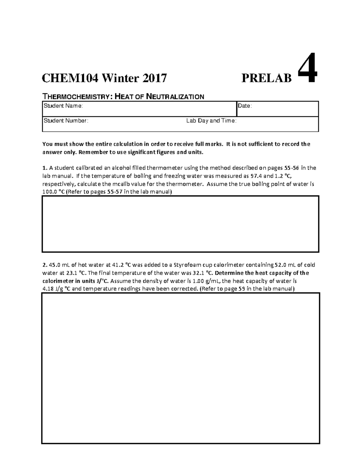 Pre Lab 4 - Pre lab work for CHEM 104, lab 4. - CHEM104 Winter 2017 ...