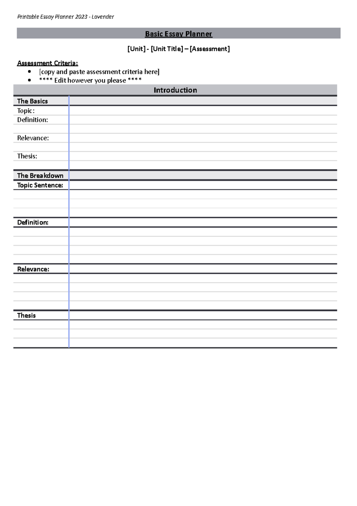 Printable Essay Planner - Grey - Basic Essay Planner [Unit] - [Unit ...