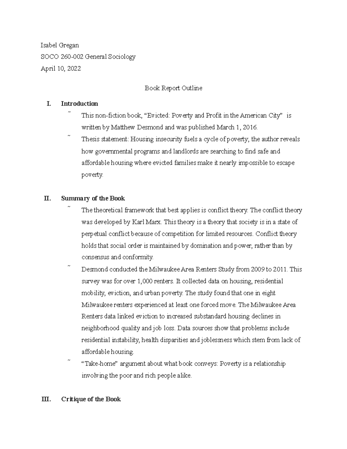Book Report Outline - Isabel Gregan SOCO 260-002 General Sociology ...