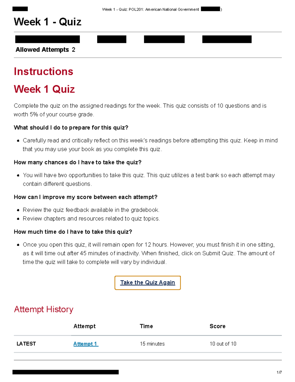 Week 1 - Quiz POL201 American National Government - Week 1 - Quiz ...