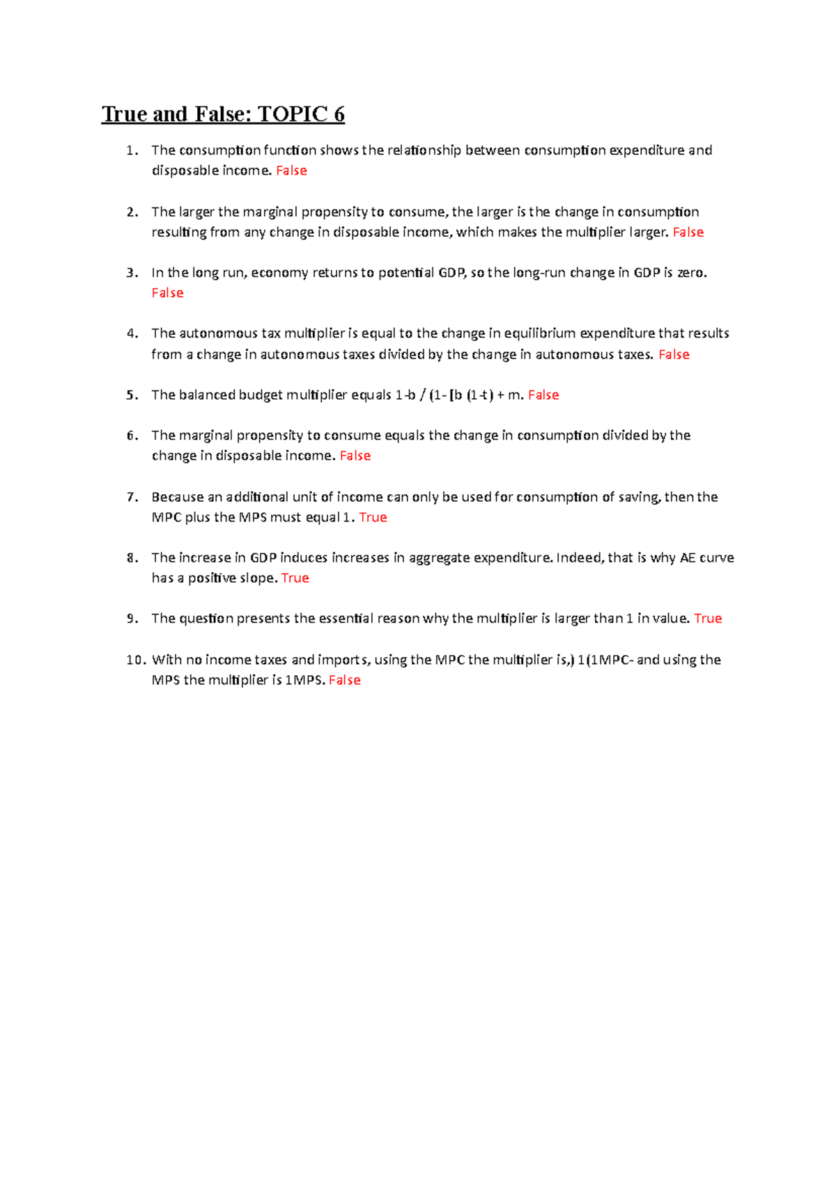 True and False - QUESTIONS AND SOLUTIONS - True and False: TOPIC 6 The ...