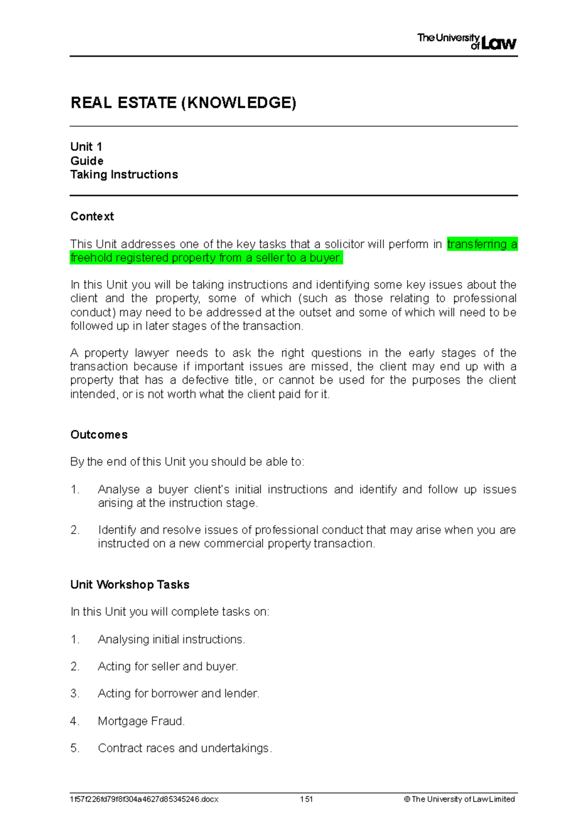 Real estate workshop 1 - REAL ESTATE (KNOWLEDGE) Unit 1 Guide Taking ...