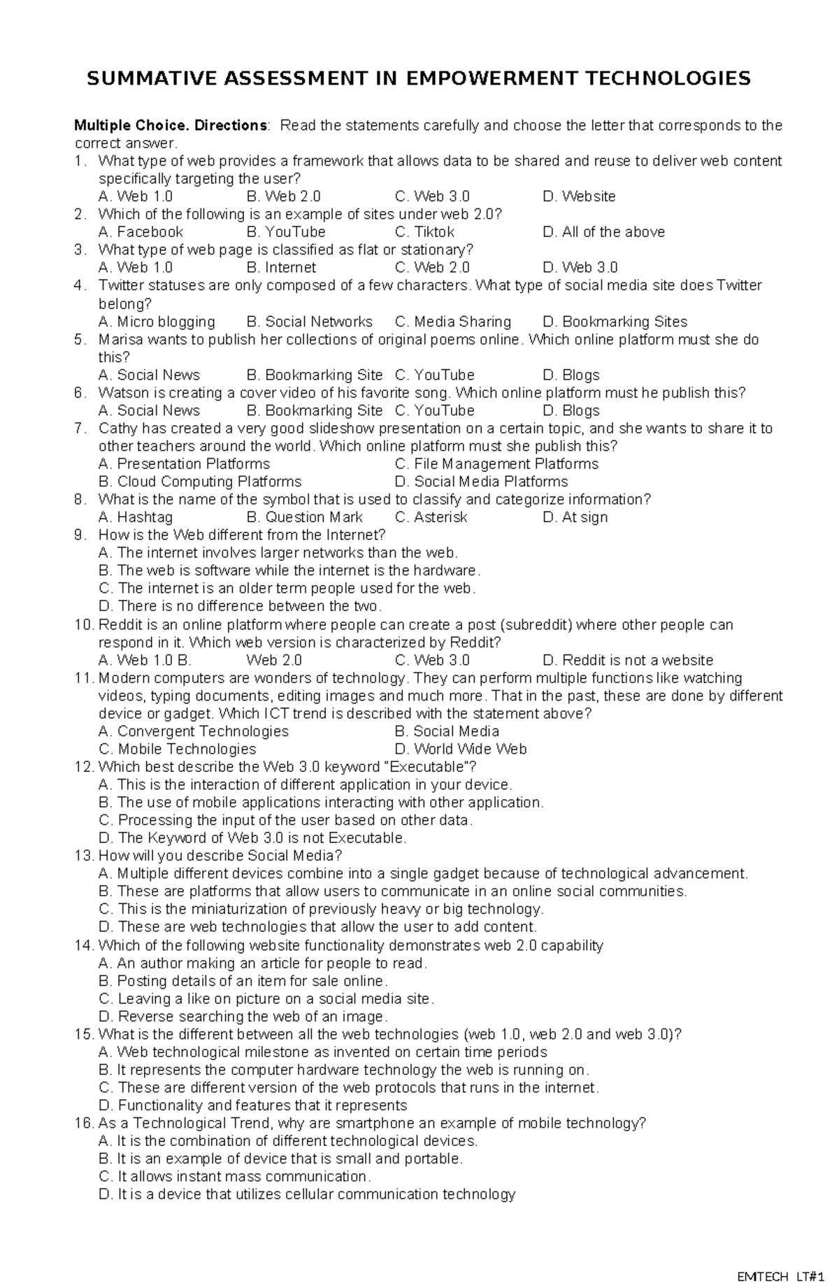Summative-Test-1 - Test for philosophy - EMTECH LT# SUMMATIVE ...