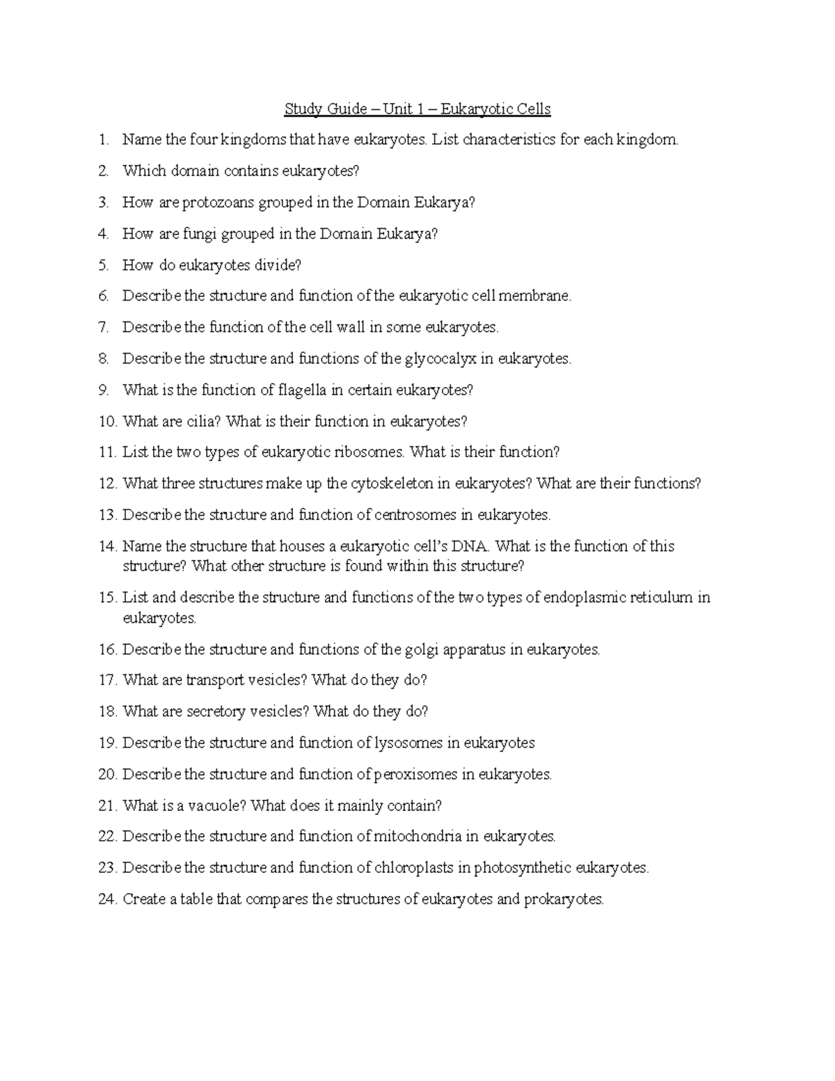 Eukaryotic cell study guide week 3 - Study Guide – Unit 1 – Eukaryotic ...