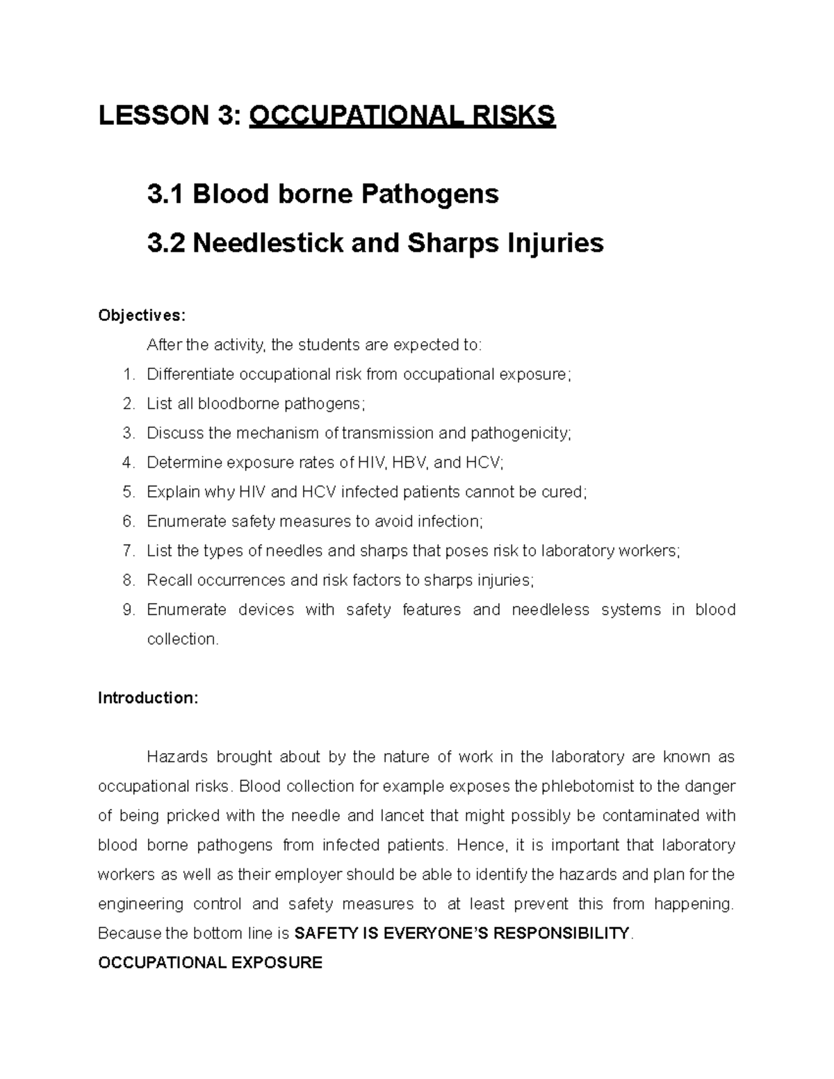 Lesson 3 occupational risks - LESSON 3: OCCUPATIONAL RISKS 3 Blood ...