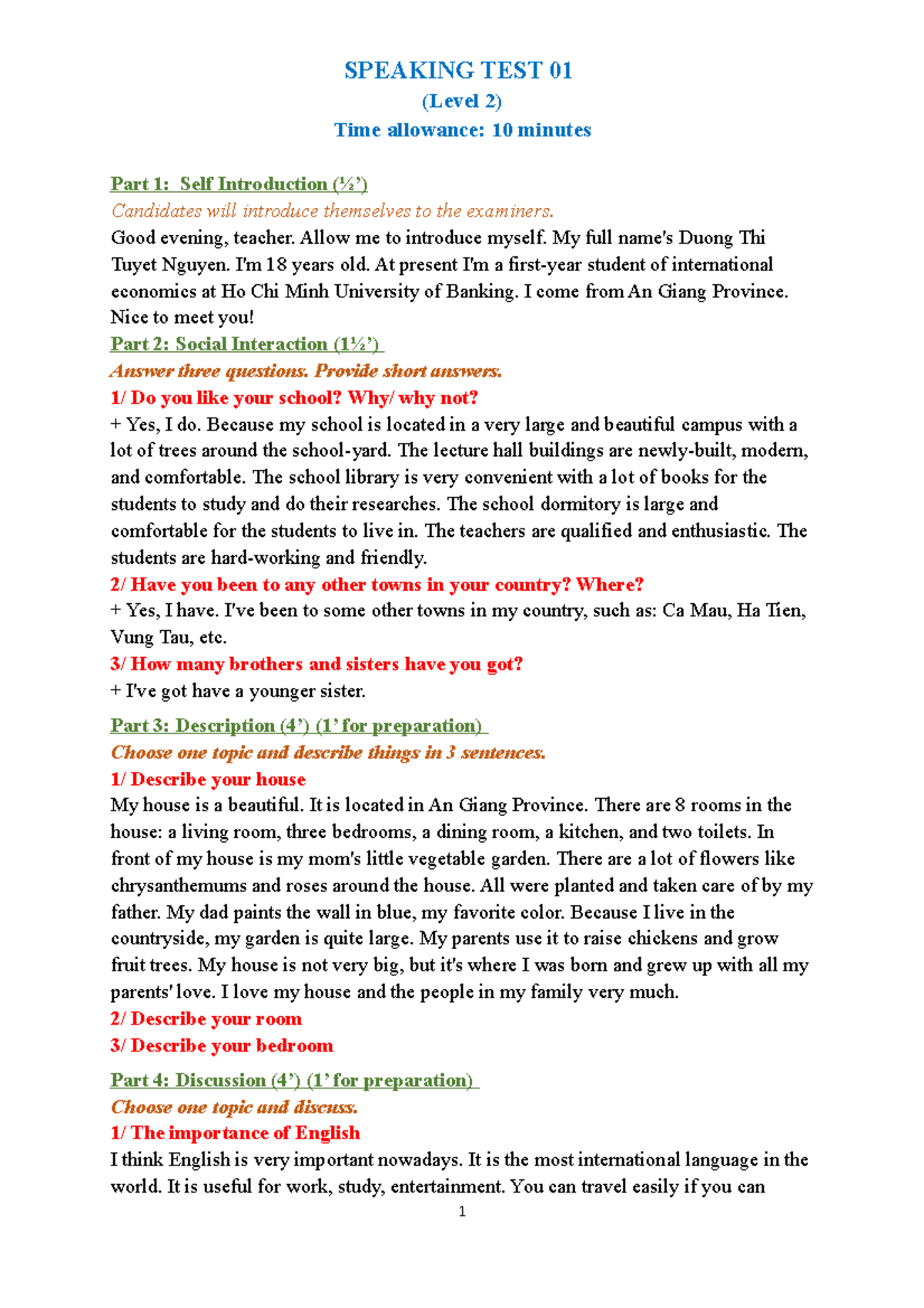 Speaking-A2-T357CN-Tuyet Nguyen - (Level 2) Time allowance: 10 minutes ...