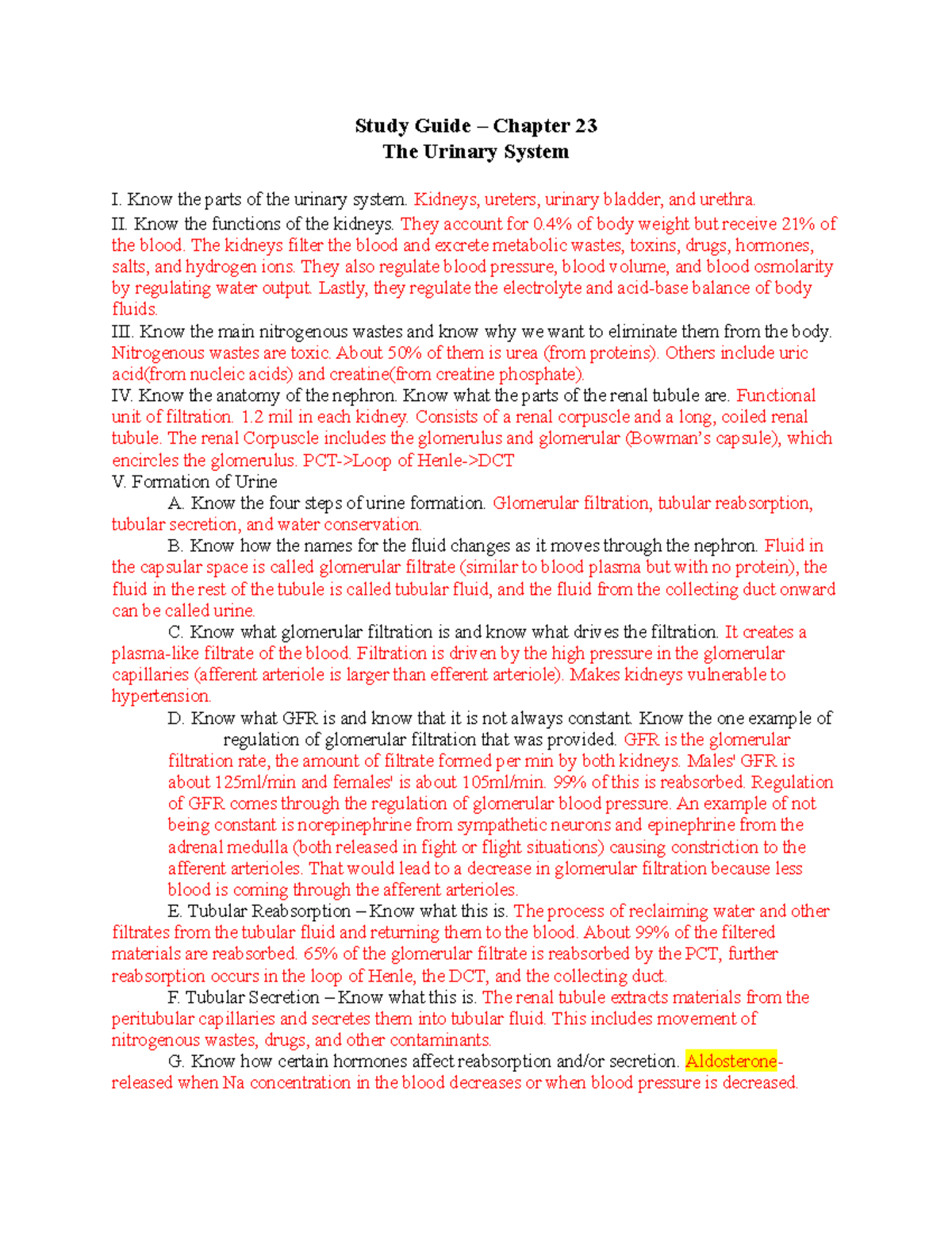 Study Guide - Chapter 23 - Study Guide – Chapter 23 The Urinary System I. Know the parts of the ...