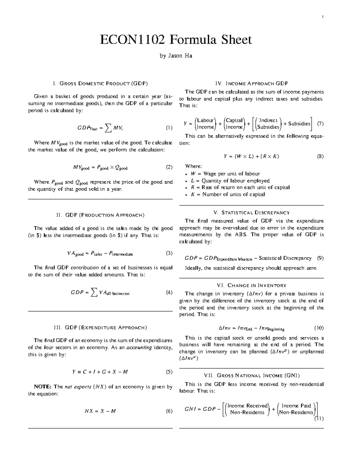 ECON1102 Formula Sheet - Formula Jason G ROSS D OMESTIC P RODUCT a ...