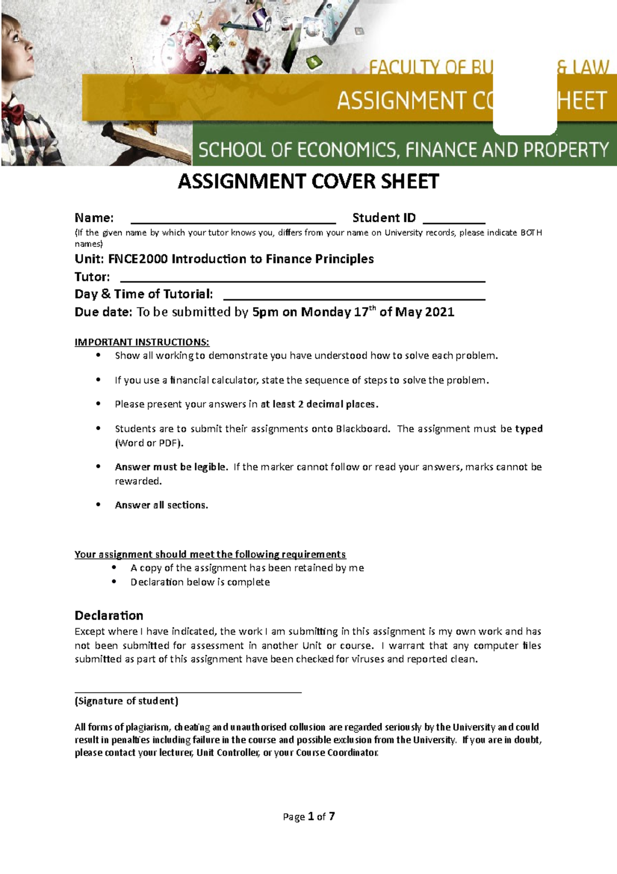 FNCE2000 assignment Sem1 2021(1)-3 - ASSIGNMENT COVER SHEET Name: Student ID (If the given name ...
