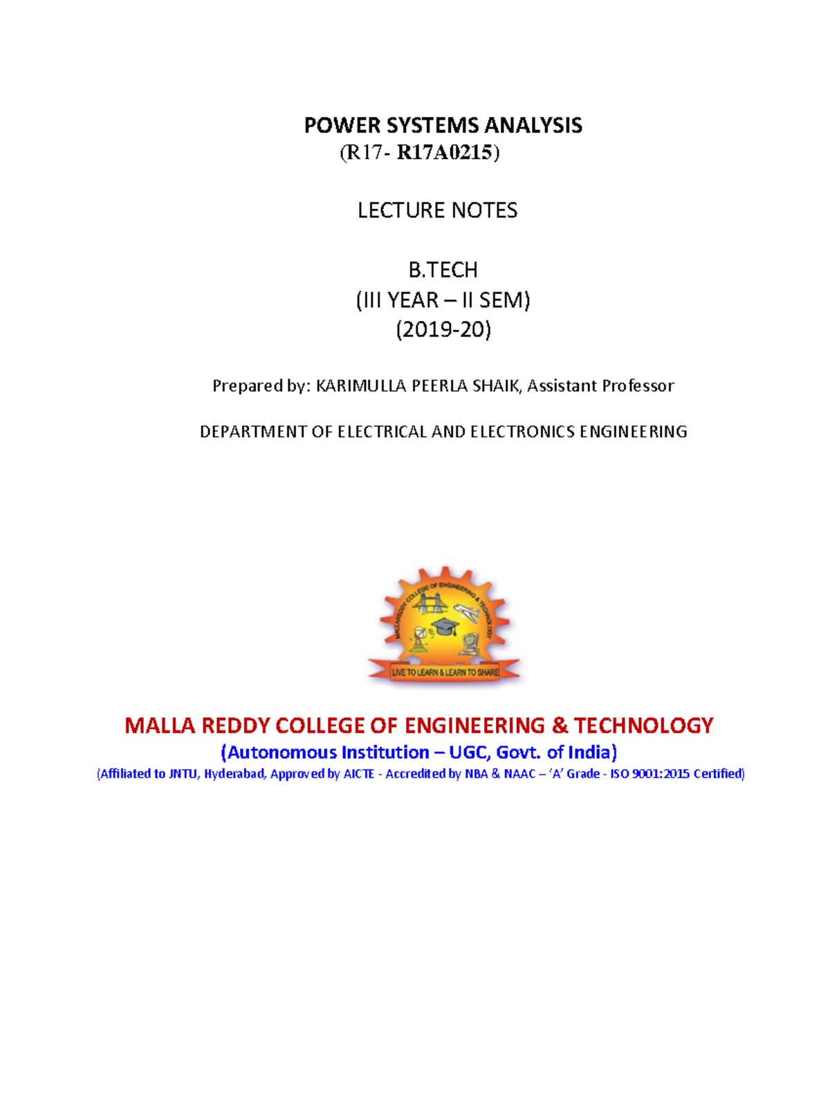 Power System Analysis Notes - POWER SYSTEMS ANALYSIS (R17- R17A0215 ...