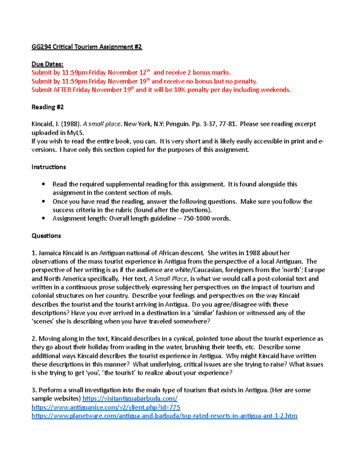 GG294 - Fall 2021 - Critical Tourism Assignment #2 Instructions Questions and Rubric - GG294 ...