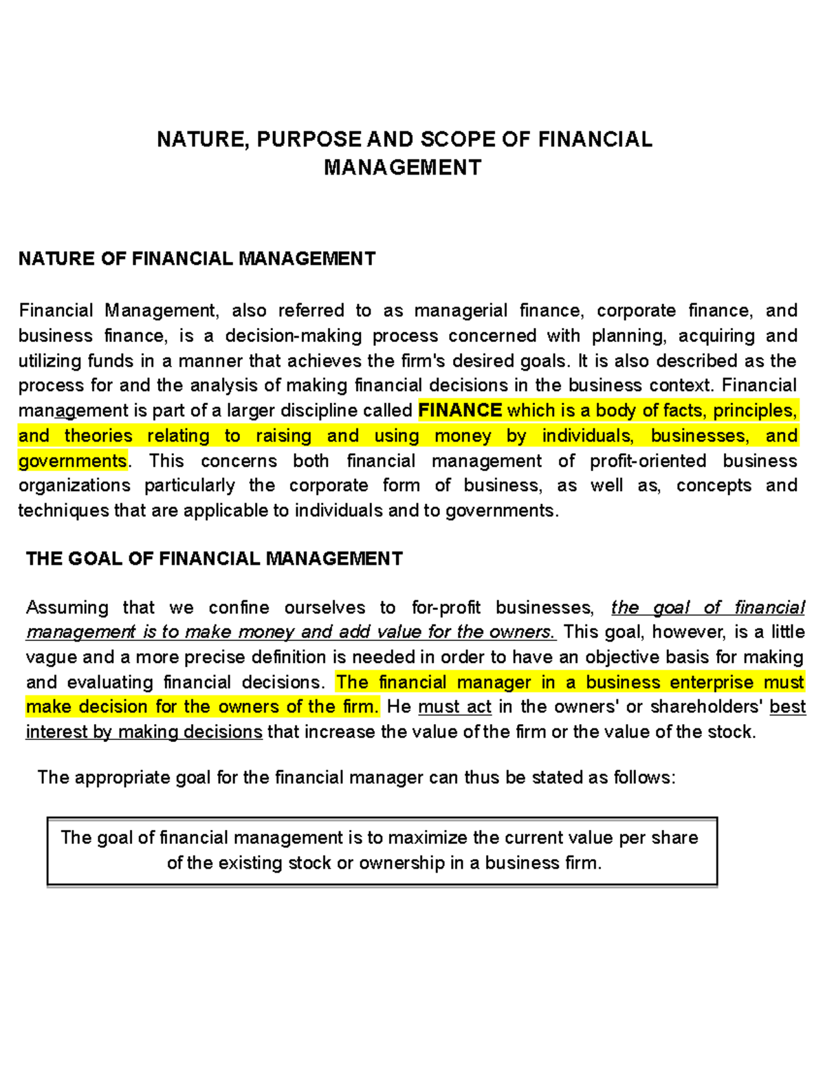 Mngt 4 Nature, Purpose and Scope of Financial Management - NATURE ...