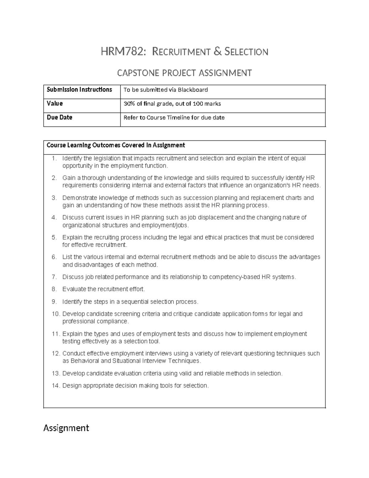 Capstone assignment instructions - HRM782: RECRUITMENT & SELECTION ...