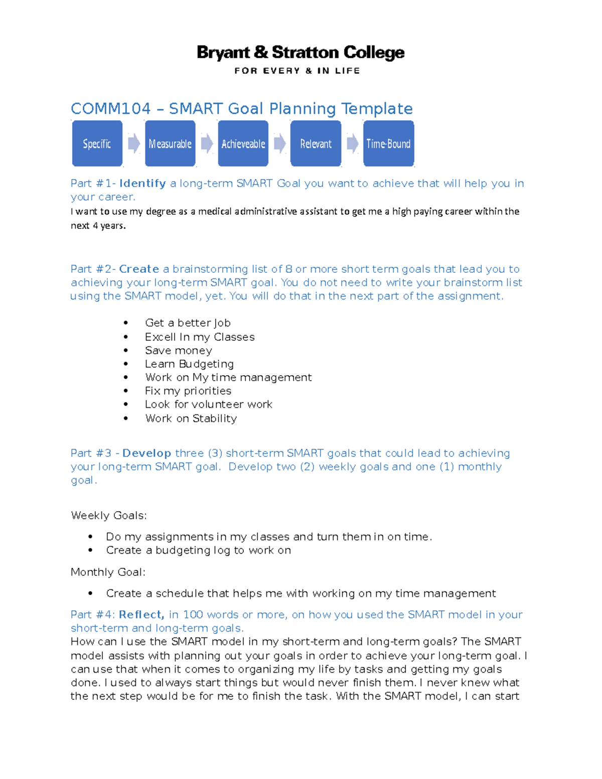 COMM104 W4 Smart Goal Planning Completed Assignment - COMM104 – SMART ...