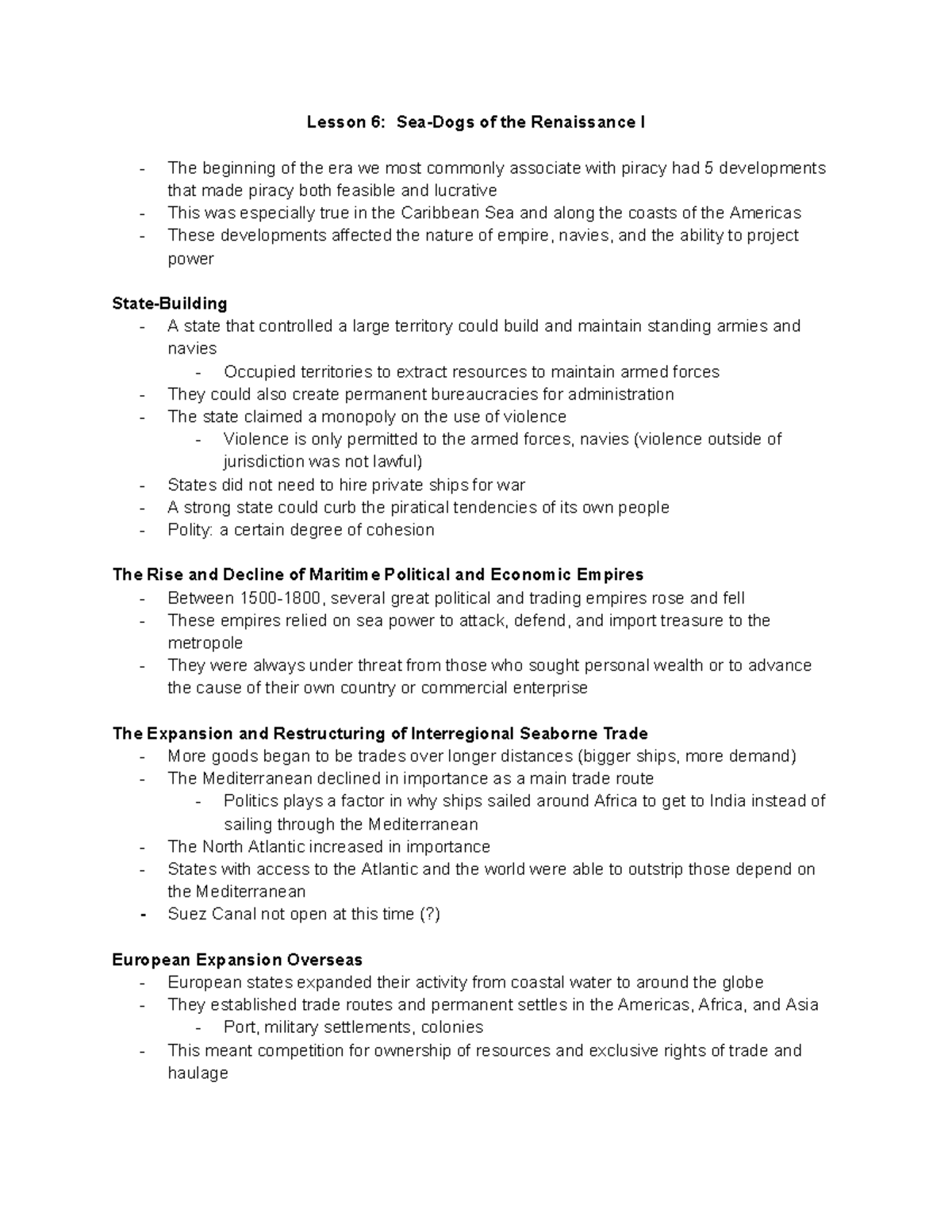 HI127 Lesson 6 Notes (Fall 2023) - Lesson 6: Sea-Dogs of the ...